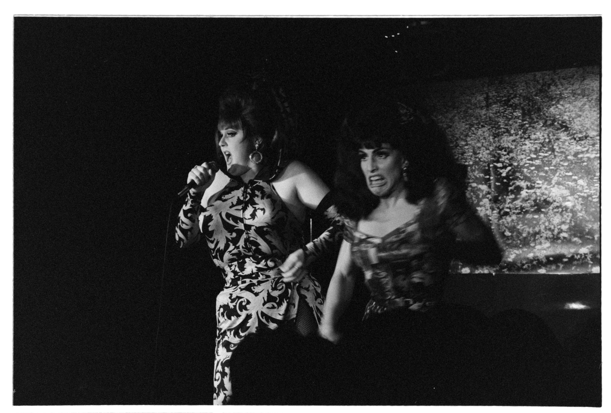 Varla Jean Merman (l.) and Hedda Lettuce, at Boy Bar, 15 St. Marks Pl ...