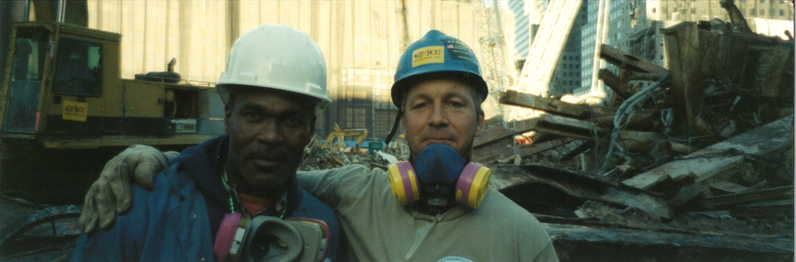 Two Workers with Gas Mask Embrace and Take a Photo at Ground Zero ...