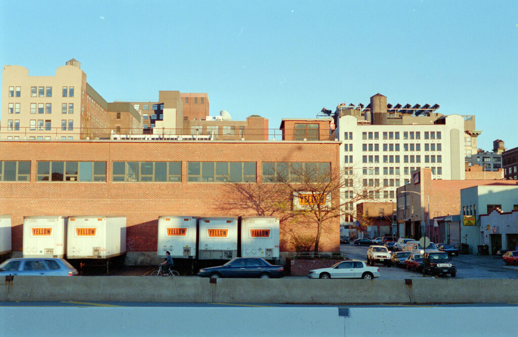 Looking east from the Hudson River waterfront across West Street with ...