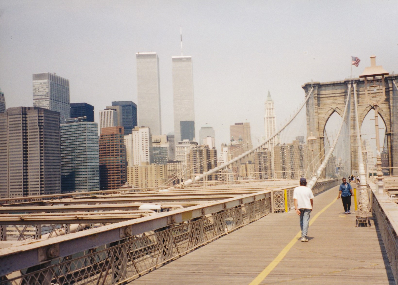 Twin Towers and Lower Manhattan as seen from the Brooklyn Bridge, mid ...