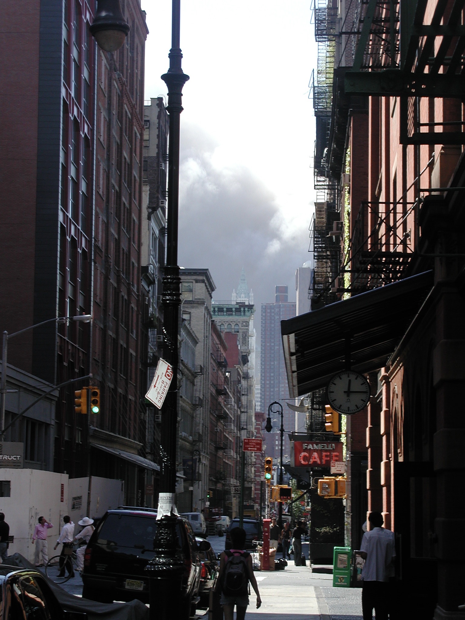 Smoke from September 11th attacks as seen from Mercer Street between ...