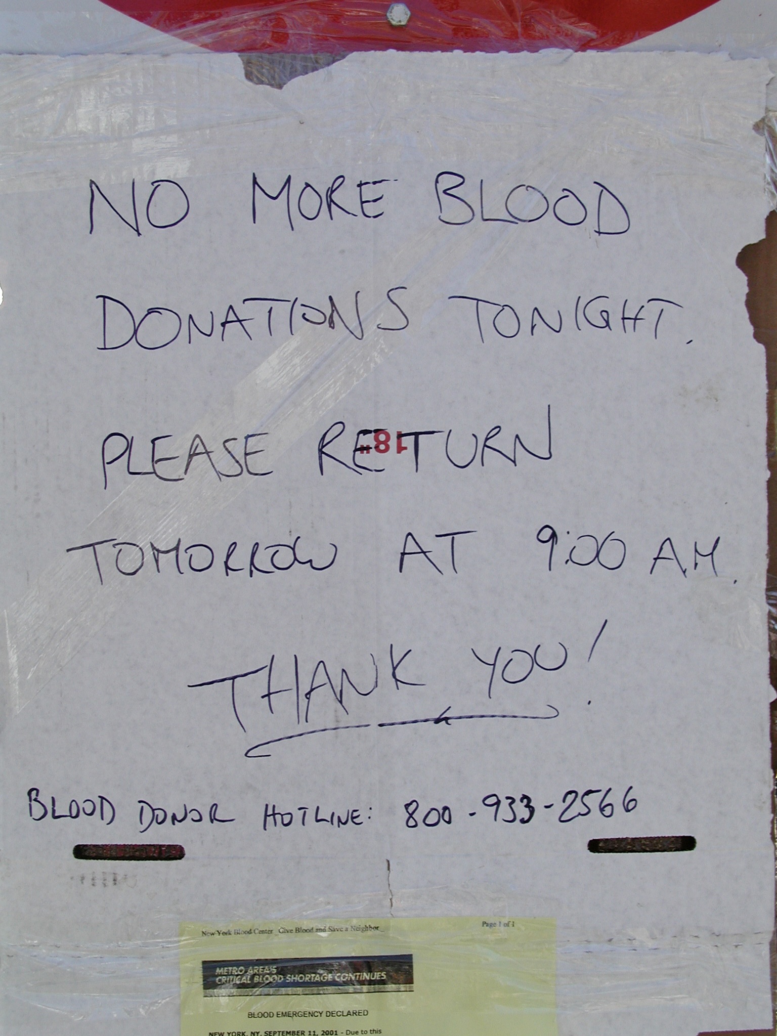 “No More Blood Donations” sign - Village Preservation