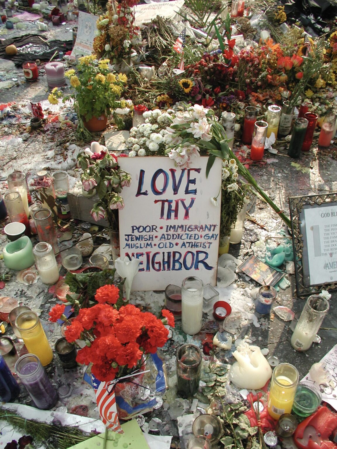 “Love Thy Neighbor” sign, September 11th memorial, Union Square ...