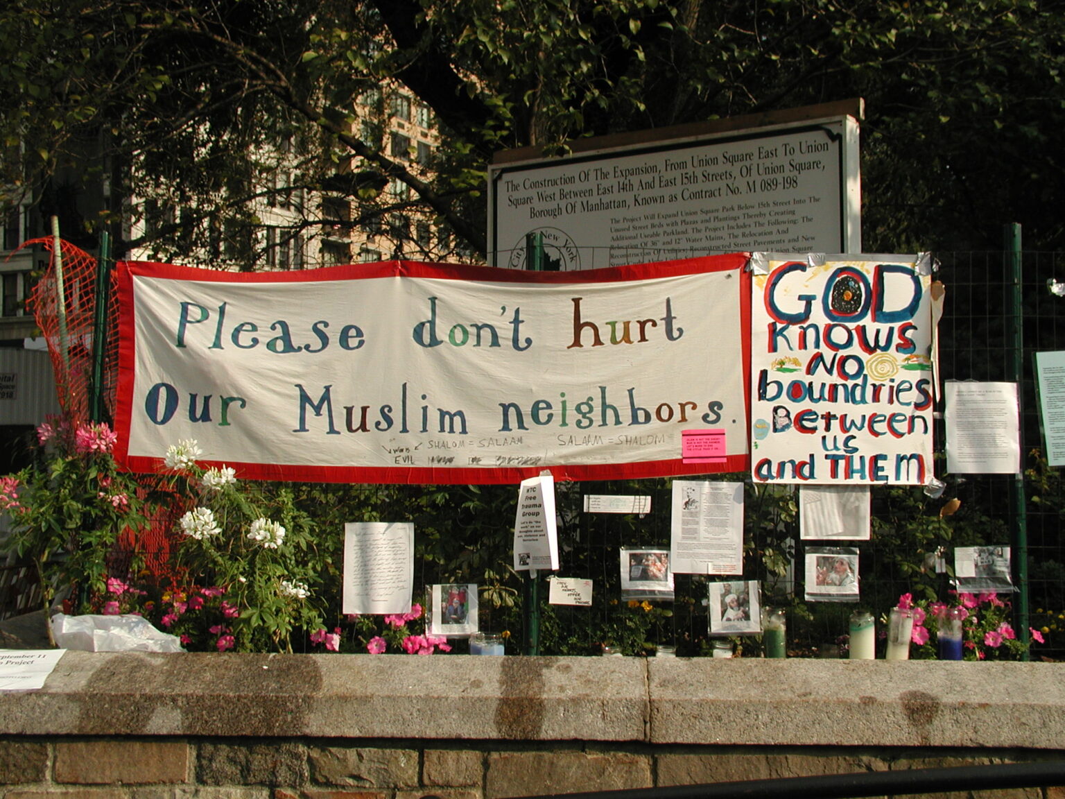 “Please don’t hurt our Muslim neighbors” sign, September 11th memorial ...