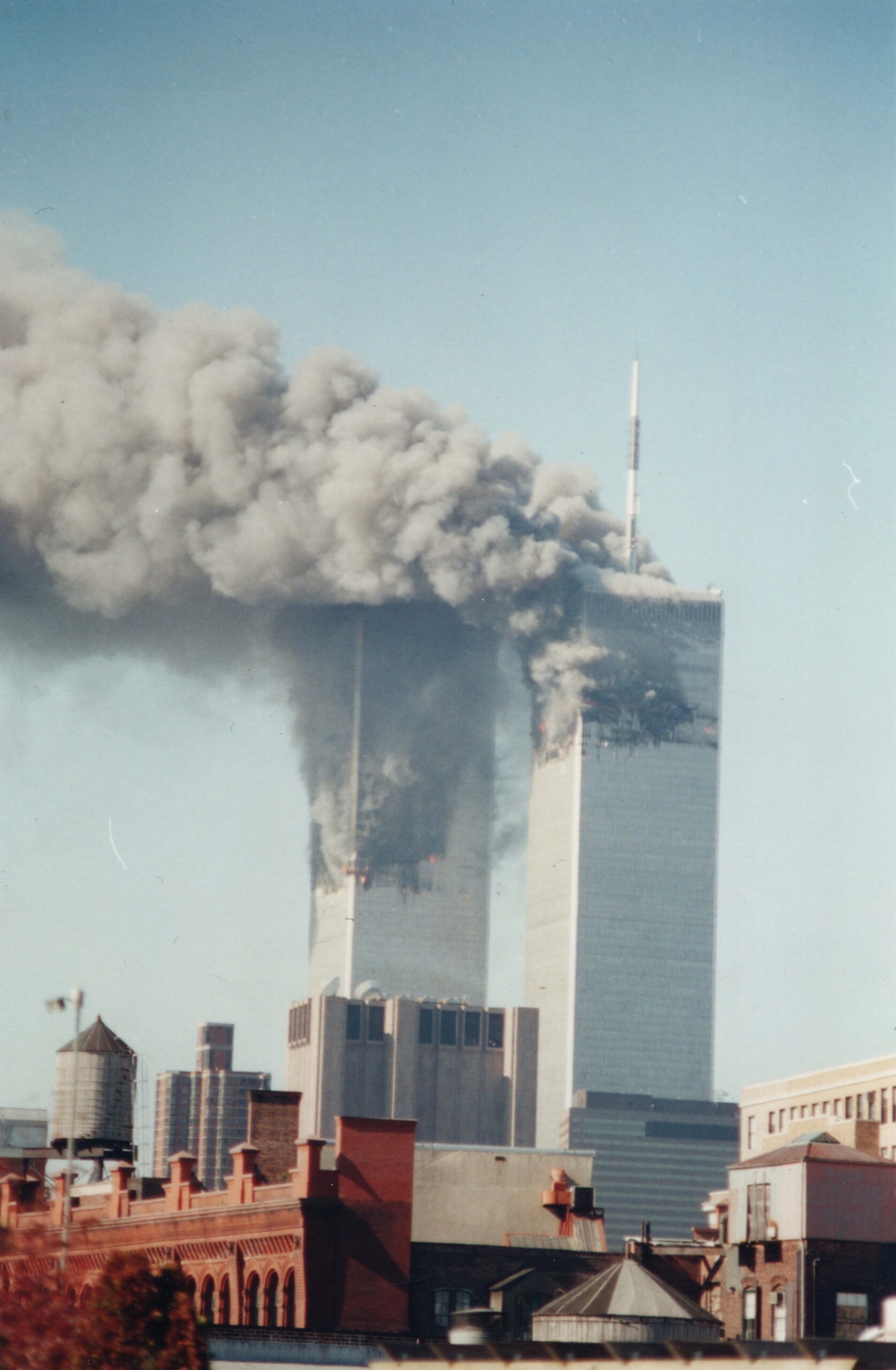 View from roof, 39 Bond Street both WTC towers with smoke after being ...
