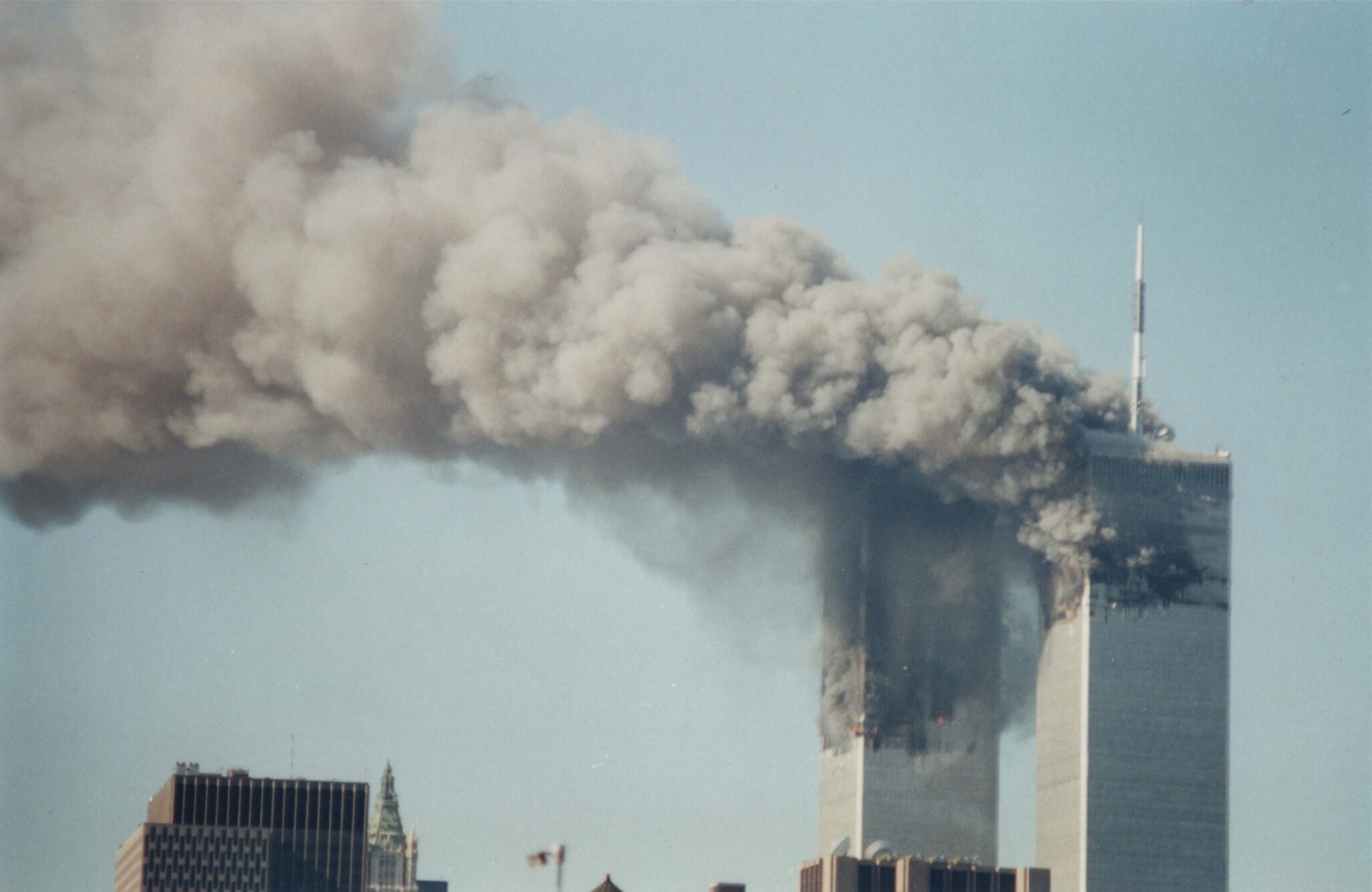 View from roof, 39 Bond Street, both WTC towers with smoke after being ...