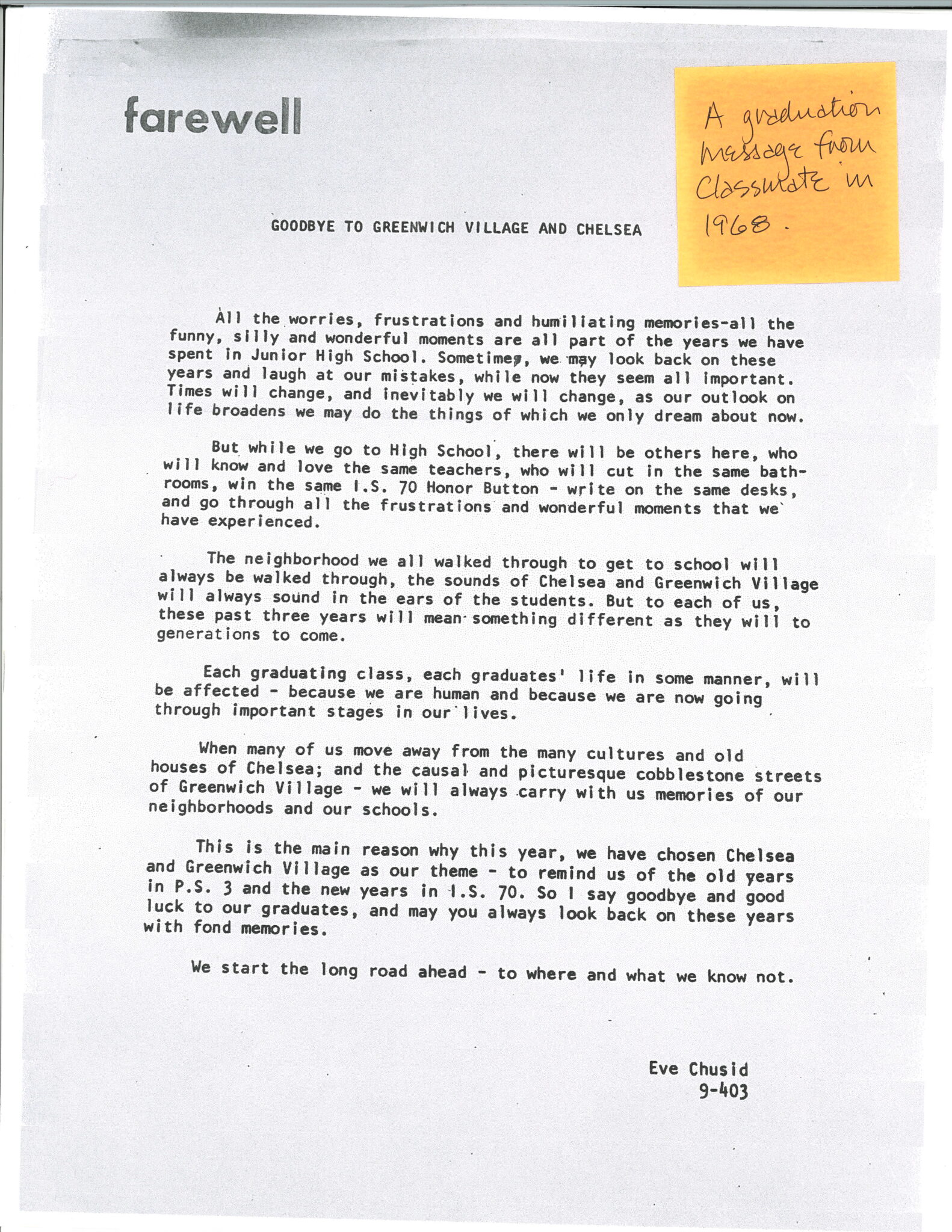 Letter from classmate at IS 70, 1968 - Village Preservation